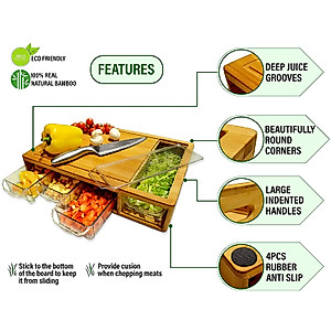 HEY PANDA Organic Bamboo Cutting Board With Containers and Lids 13pc set. Use as a Meal Prep Station. Designed with deep Juice Grooves, Handles, Rounded Corners and a Large Exposed Opening