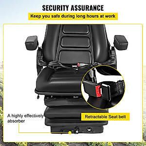 VEVOR Universal Tractor Suspension Seat, 35-170° Backrest Angle Adjustable Air Ride Seat Replacement w/Seat Belt & Safety Switch, Compatible with Forklift/Van/Mower, Black Vinyl