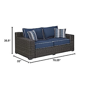 Signature Design by Ashley Grasson Lane Modern Farmhouse Outdoor Patio Loveseat, Brown & Blue