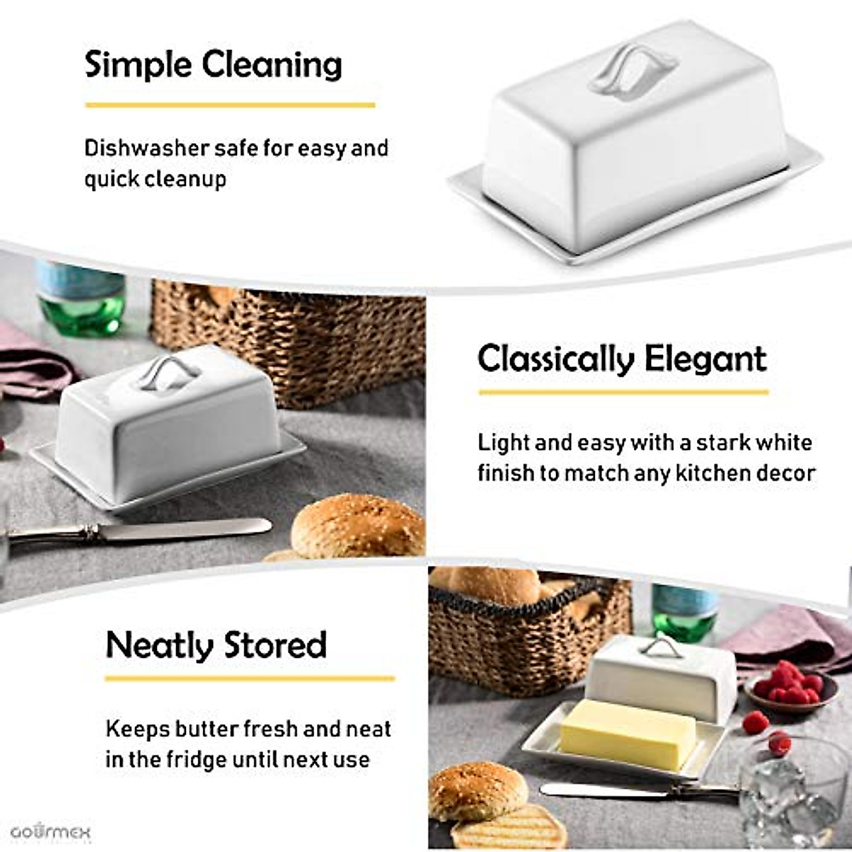 GOURMEX Large Butter Holder with Lid | Fits One Pound of Butter | Ideal Butter Keeper for Salted, Unsalted and Flavored Butter in Fridge | Ceramic White Covered Butter Dish is Dishwasher Safe