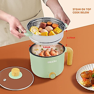 Dezin Hot Pot Electric, 1.5L Portable Ramen Cooker with Nonstick Coating, Mini Hot Pot for Dorm/Office/Travel, Multi-Function Hot Pot for Stir Fry, Steak, Noodles, Soup, Pasta (Egg Rack Included) (Green / Nonstick)