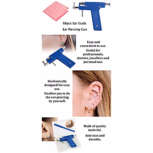 Rudenkoo Ear Piercing Tool Kit, 98Pcs Ears Nose Navel Lip Piercer Machine Studs, Stainless Steel Body Hole Piercing Guns Stud Earrings