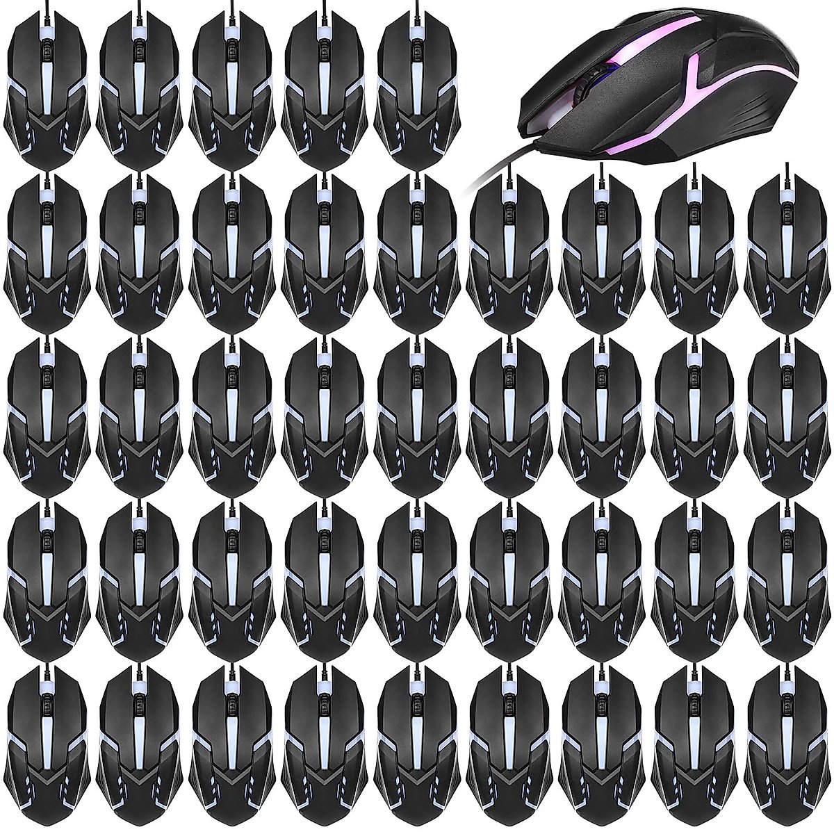 Sratte 30 Pack Black USB Wired Mouse Bulk 1200 DPI RGB Optical Computer Mouse 3 Button 7 Color LED Backlit Wired Ergonomic USB for Gaming Office Desktop Laptop Gamer Computer