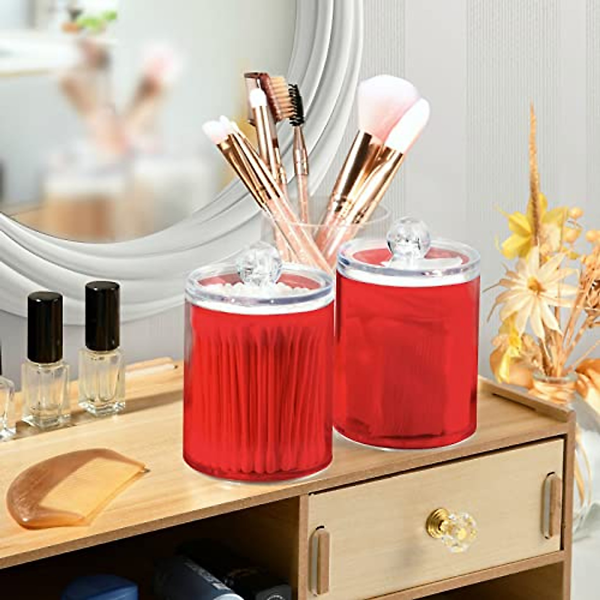 Gredecor 2 Pack Qtip Holder Clear Red Apothecary Jars with Lids Plastic Acrylic Bathroom Jars Vanity Countertop Canister Storage Organizer for Cotton Ball,Swabs,Pads,Floss