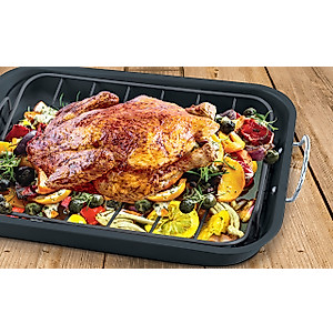 Eternal Living 6 Piece Rectangular Turkey Roaster Pan with Rack Carving Knife Fork Baster and Brush, Roasting Pan 15 Inch Black
