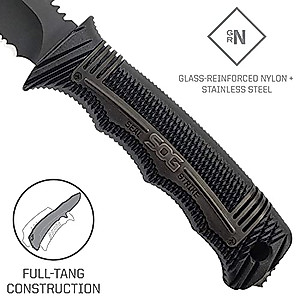 SOG Seal Strike Fixed Blade Knife with Sheath- Tactical and Hunting Knife with 4.9 Inch Partially Serrated Bowie Knife Blade and Survival Knife Line Cutter (SS1003-CP)