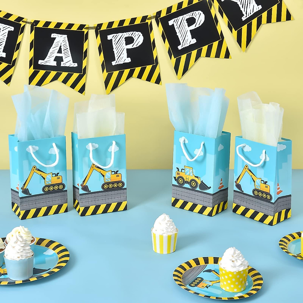 WERNNSAI 16PCS Construction Goodie Bags - Construction Birthday Party Favors Bags for Kids Boys Construction Party Supplies Dump Truck Tote Bags Candy Treat Gift Storage Bags Birthday Baby Shower