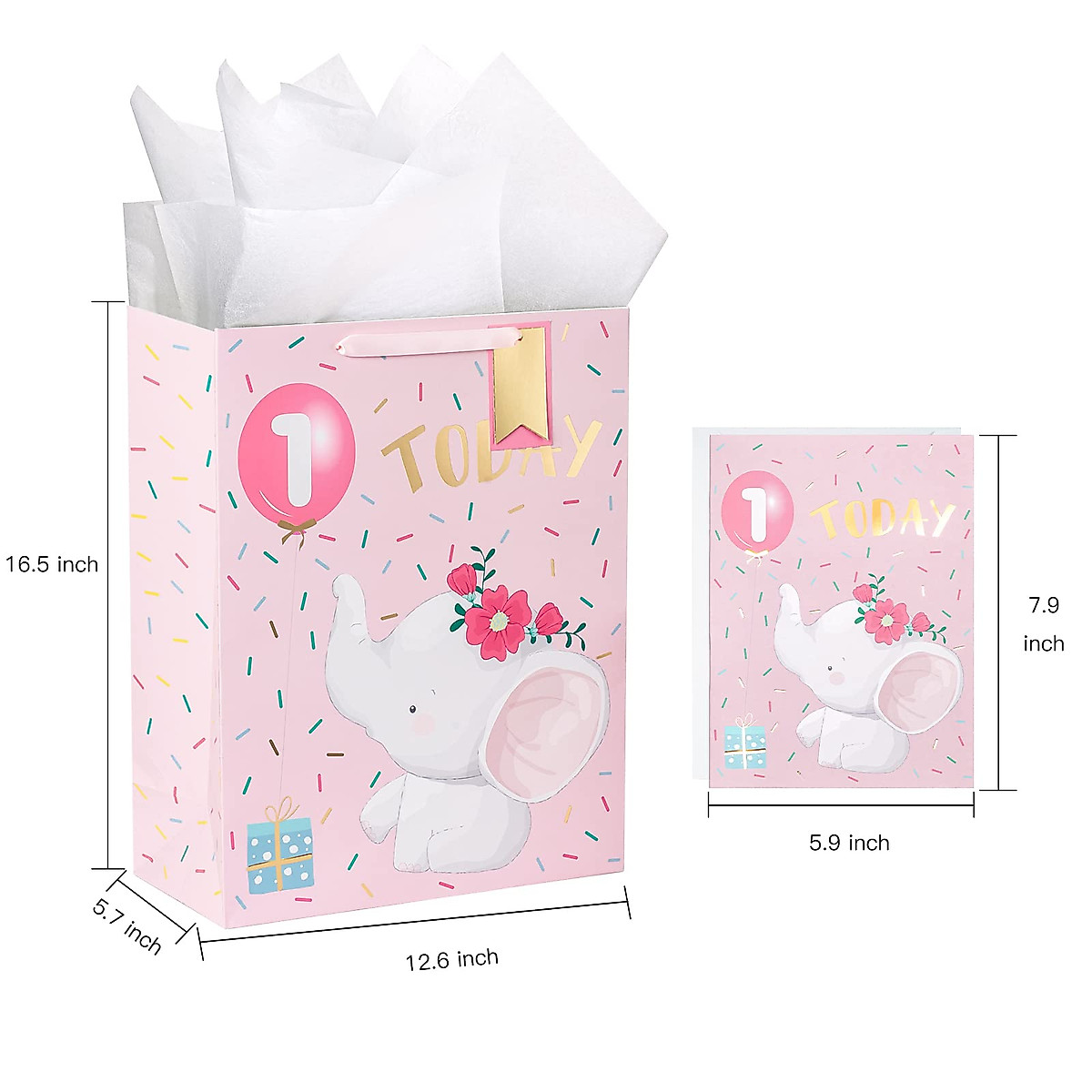 WRAPAHOLIC 16.5" Extra Large 1st Birthday Gift Bag with Card and Tissue Paper - Adorable Elephant Design for Baby Girl, Baby Shower, Party