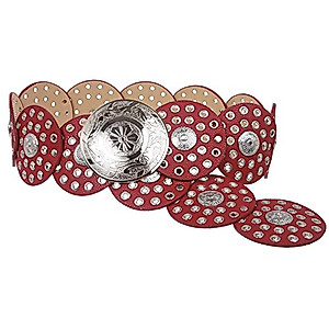Women's 3 1/2" (90 mm) Wide Boho Disc Concho Leather Belt, Red | xxxl - 54" (137 cm) end-to-end