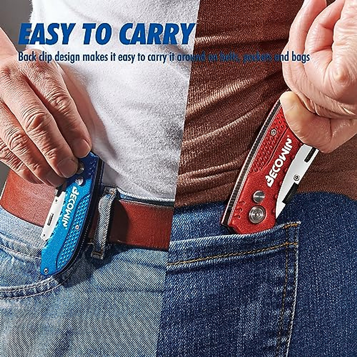 BECOWIN 3-Pack Folding Utility Knife, Stainless Steel Box Cutter with Quick Change Blade and Belt Clip for Cartons, Cardboard and Boxes, Extra 12pcs SK5 Blade