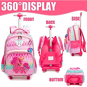 ZBAOGTW Unicorn Rolling Backpack for Girls Wheeled School Backpack 3 in 1 Girls Rolling Backpack for School,Travel,Picnic