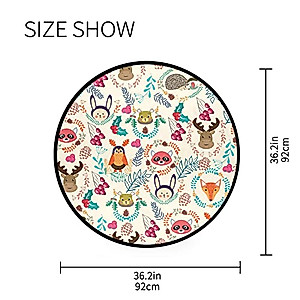 Cute Cartoon Forest Animals and Plants Round Area Rug, Non Slip Indoor Throw Area Rug, Washable Circle Carpet Floor Mat for Living Room,Door Mat Entryway,Bedroom,Sofa,3 Ft