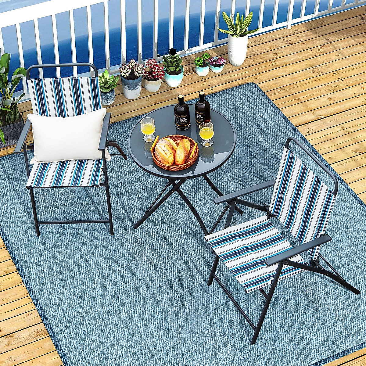 Tangkula 3 Piece Outdoor Folding Chair Set, 2 Folding Chairs with Folding Table, Heavy-Duty Metal Frame, Outdoor Dining Chair Set, Portable Patio Bistro Set for Backyard, Poolside, Balcony