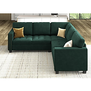 HONBAY Velvet Convertible Sectional Sofa L Shaped Couch Reversible 4 Seat Corner Sectional Sofa for Small Space, Green