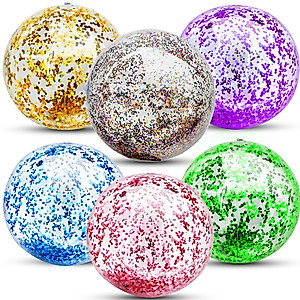 TURNMEON 6 Pack Sequins Beach Ball 20 Inch Jumbo Pool Toys Balls Giant Confetti Glitters Inflatable Clear Beach Ball Swimming Pool Water Beach Toys Outdoor Summer Party Favors for Kids Adults