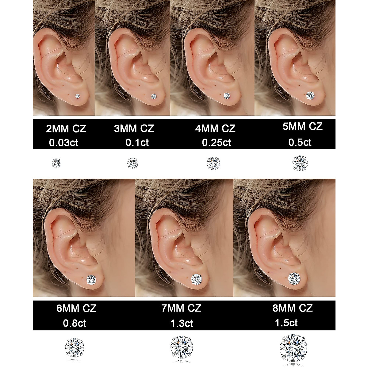 Tornito 7 Pairs 20G Stainless Steel Stud Earrings Round Cubic Zirconia Barbell Earring Set For Men Women 2MM-8MM Silver Tone
