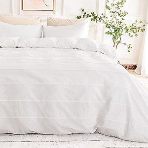 NEXHOME PRO 100% Organic Cotton Duvet Cover Queen Size, Linen Like Pleated Textured White Duvet Cover Set, 3pc Bedding Set with Zipper Closure, Soft, Lightweight and Breathable,90"x90", No Comforter