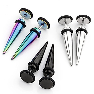Jovivi 6pcs Mixed Colors 16G Punk Stainless Steel Taper with O ring Fake Cheater Ear Plug Earrings Look 4G 0G 00G Gauge