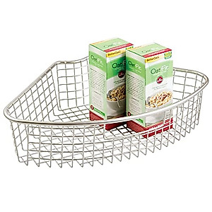 mDesign Farmhouse Metal Kitchen Cabinet Lazy Susan Storage Organizer Basket with Front Handle - Large Pie-Shaped 1/4 Wedge, 4.4" Deep Container - Satin