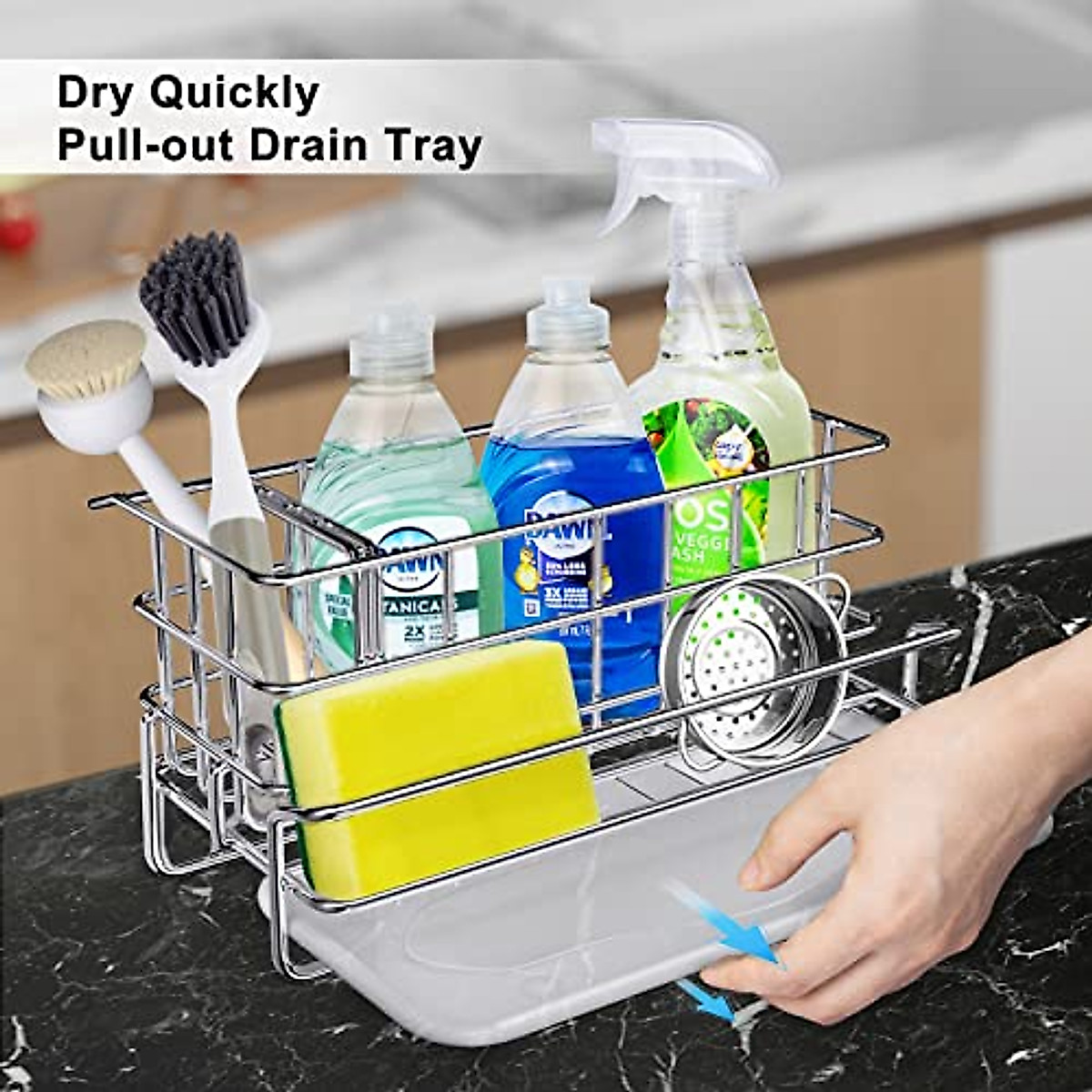 FUMAX Kitchen Sink Caddy Organizer, Sponge Holder for Kitchen Organization, Dish Brush Soap Dispenser Holder with Drain Tray, Rustproof Stainless Steel Kitchen Soap Holder for Countertop
