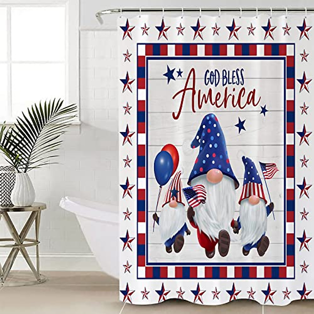 BestLives 4th of July Shower Curtain Sets with Rugs Buffalo Check Gnome USA Flag Non-Slip Soft Toilet Lid Cover for Bathroom Stars 4 Pcs Bathroom Sets with Bath Mat
