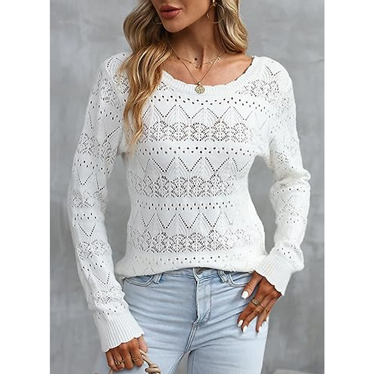 Dokotoo Womens Tops Sweaters Ladies V Neck Pullover Stylish Casual 2023 Fall Winter Long Sleeve Oversized Lightweight Comfy Cable Knit Pullover Cropped White