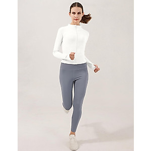 Locachy Women's Lightweight Stretchy Workout Full Zip Running Track Jacket with Thumb Holes White XS