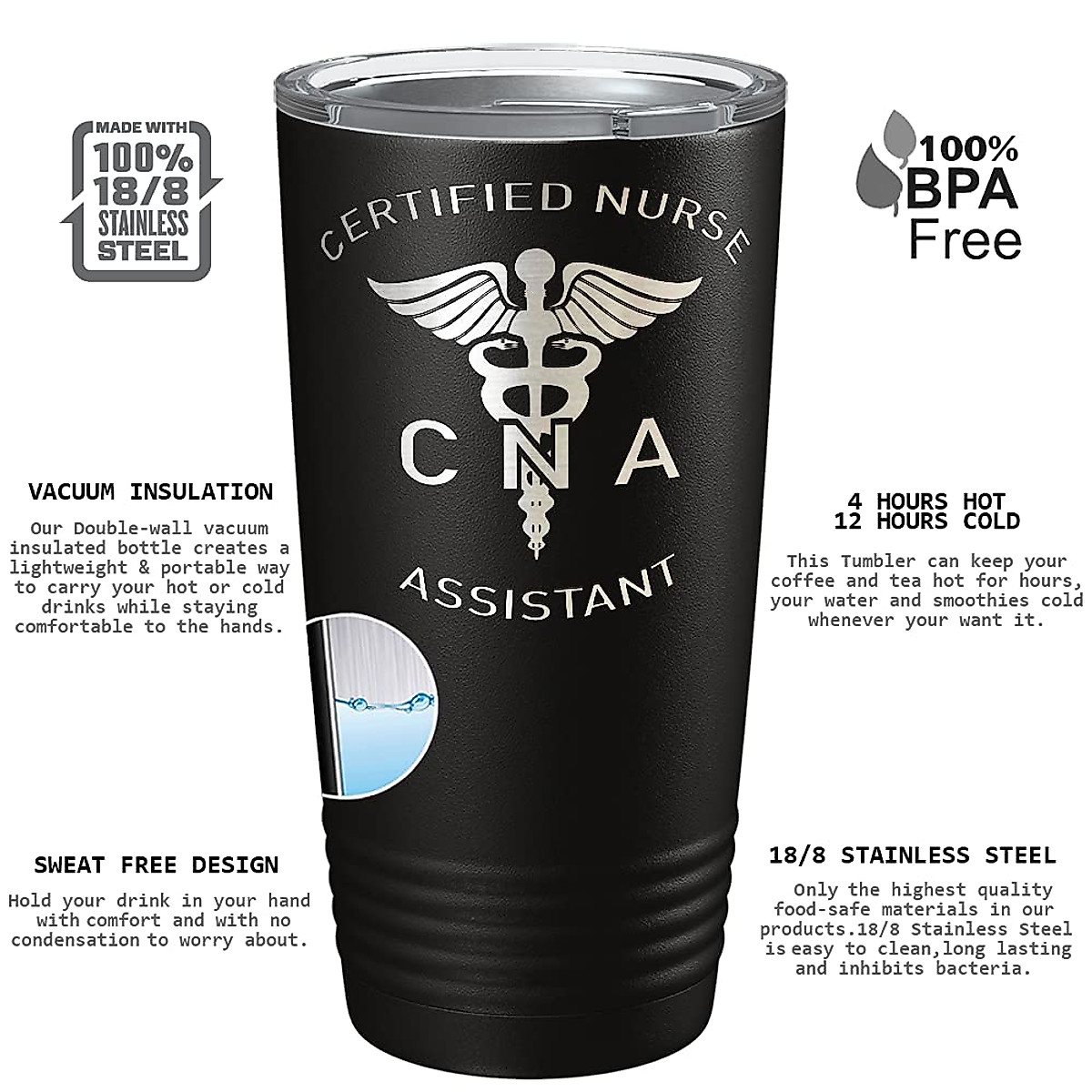 CNA Certified Nurse Assistant Gift on Black 20 oz Stainless Steel Tumbler with Lid - Insulated Cup - Travel Mug