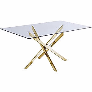 Meridian Furniture Xander Collection Modern | Contemporary Tempered Glass Top Dining Table with Durable Metal Base, 60" W x 36" D x 30" H, Gold Finish
