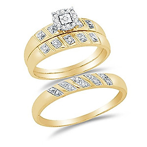 Sizes - L = 7.5, M = 10.5 - 10K Yellow Two Tone Gold Round Diamond Halo Circle Trio Three Ring Set - Matching His and Hers Engagement Ring & Wedding Bands - Prong Set Solitaire Center Setting Shape (1/10 cttw.) - Please use drop down menu to select your d