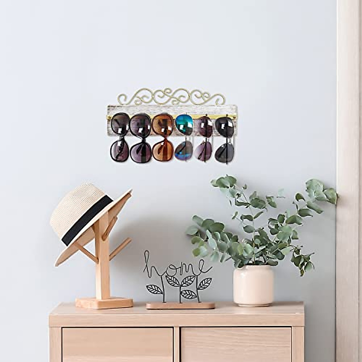 MyGift Vintage Whitewashed Wood Wall Mounted Sunglasses Rack, Entryway Glasses Holder Eyewear Display with Rail Hanger and Scrollwork Brass Tone Metal Design