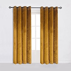 Cherry Home Super Soft Luxury Velvet Set of 2 Warm Yellow Blackout Velvet Energy Efficient Grommet Curtain Panel Drapes Ginger 52Wx63L(2 Panels) with Matching Tiebacks