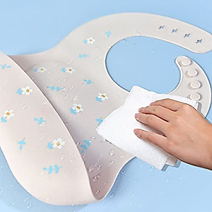 Eimmabey Silicone Bibs for Babies and Toddlers 2 Sets Feeding Bibs for Boy and Girl, Adjustable Soft Waterproof Bibs with Food Catcher Dinosaur