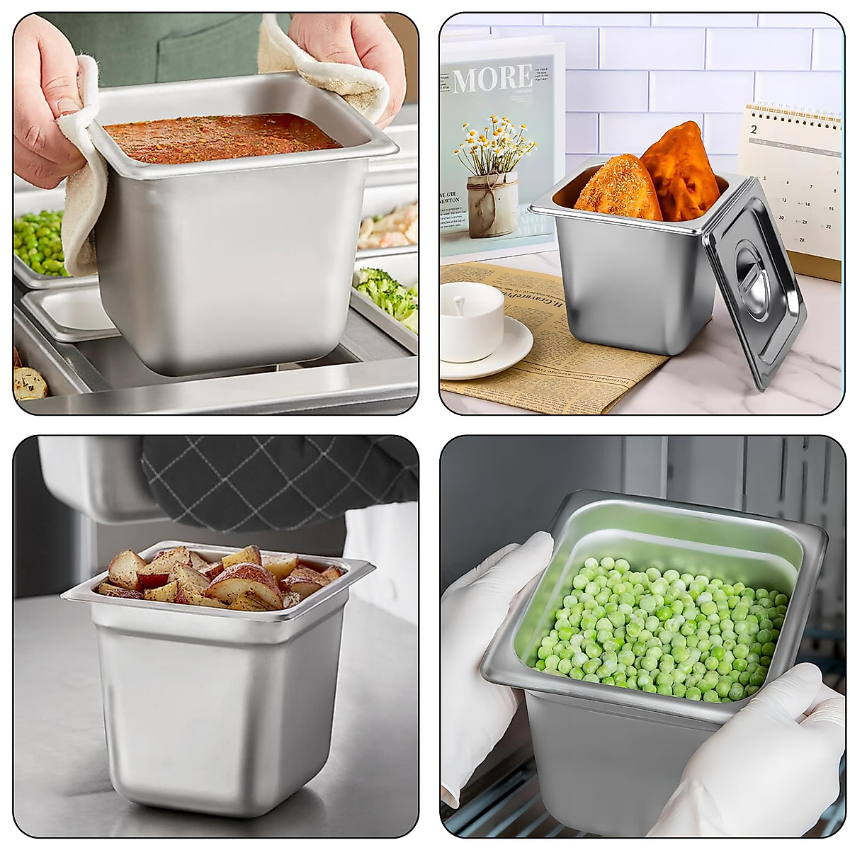 CTrowelpro 4 Pcs 1/6 Size Stainless Steel Hotel Pans, 6 Inch Deep, Anti-Jam Steam Table Pan, Restaurant Buffet Trays for Catering Storage Metal Food Pan