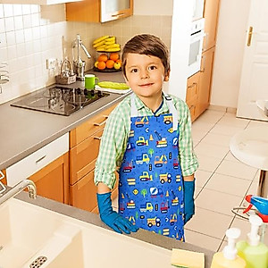 ASPMIZ Blue Kids Apron, Cartoon Vehicles Toddlers Apron for Boys, Tractor Childrens Aprons for Girls Adjustable Waterproof Child Apron for Gardening Crafting Cooking, Kids Boys Girls Gift