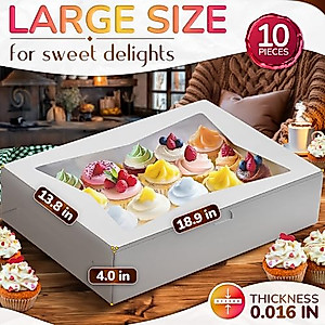 10 Pcs Half Sheet Cake Boxes 19x14 In - White Bakery Boxes with Window, Glossy Finish and Flip Top - Strong Cardboard, Easy Assemble, Secure Transport, Great for Cookies, Cakes, Donuts, and Gifting