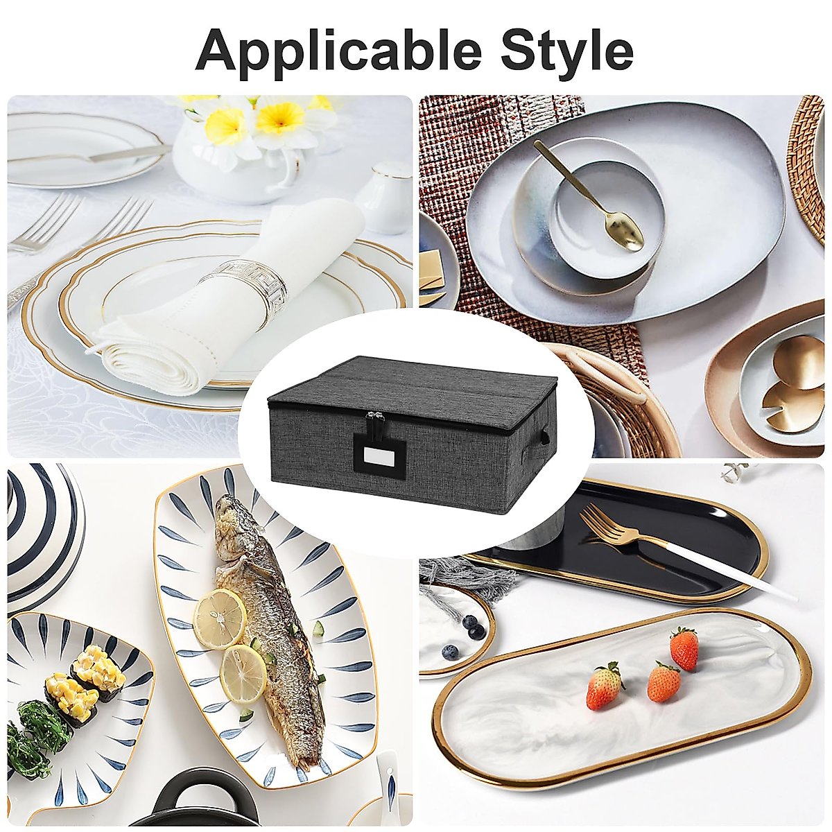 Gowee China Storage Containers Hard Shell, Platter Storage Case 17" x 13" x 6" for Dinnerware Storage and Transport, 5 Felt Dividers Included, Structured Top and Stackable (Black)