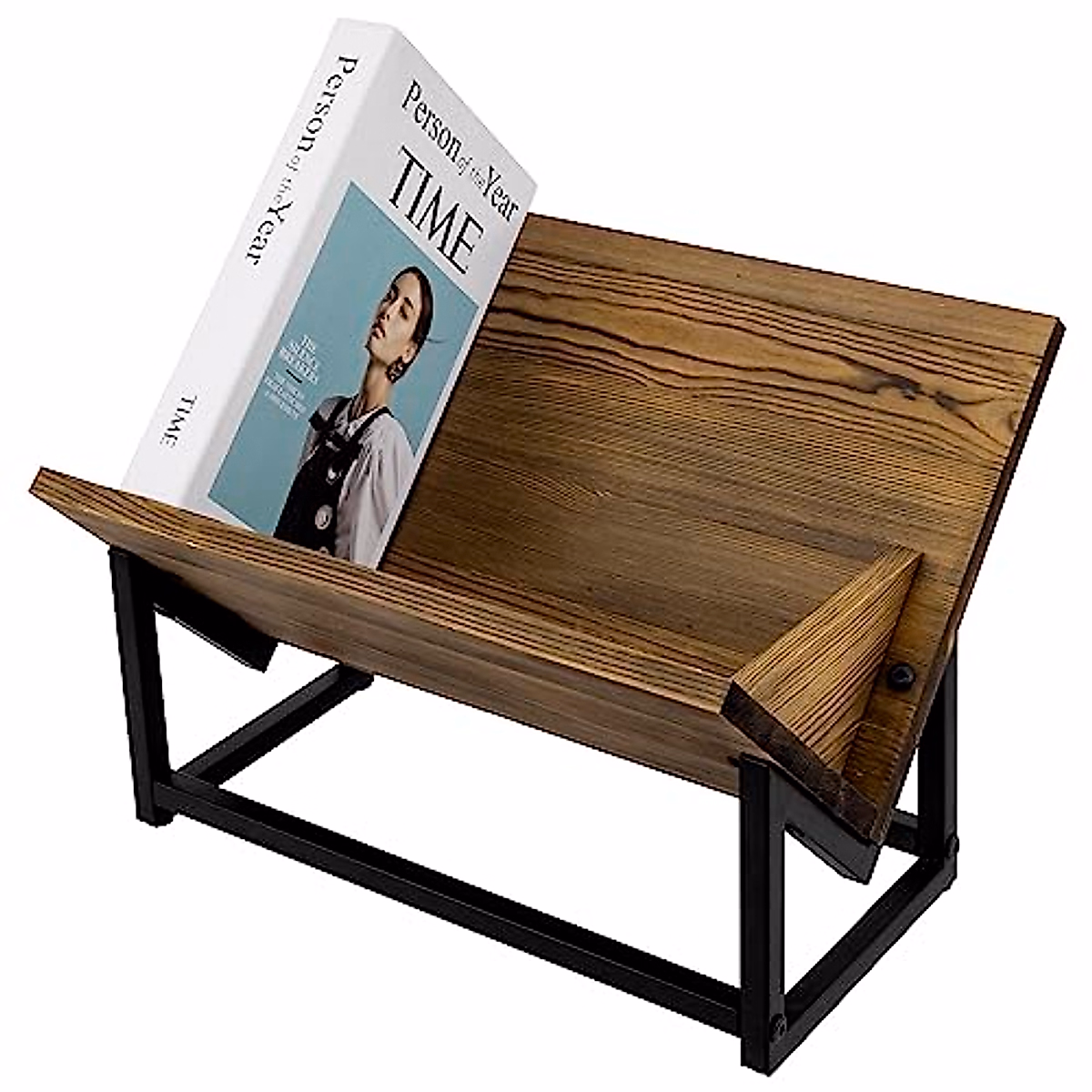 MyGift Rustic Burnt Solid Wood and Industrial Matte Black Metal Tilted Book Display Rack Shelf, Desktop Storage Organizer Bookshelf, Decorative Standing Bookcase