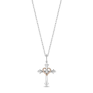 HALLMARK DIAMONDS Faith Cross with Hearth Necklace Pendant in Sterling Silver and 14K Rose Gold Plating and Diamonds