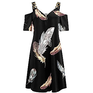 SMIDOW Cruise Dresses for Women 2023 Summer Cold Shoulder Tshirt Mini Dress Sexy Zipper v Neck Feather Print Swing Sundress