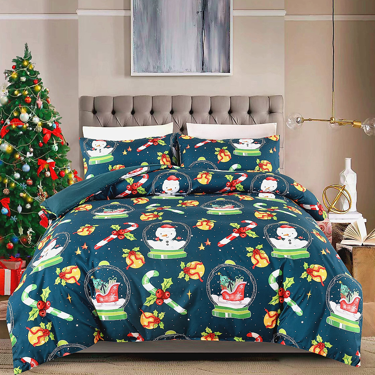 Caurbed Christmas Bedding Christmas Duvet Cover mit 2 Pillowcases Snowman Santa Claus Print Duvet Cover Microfiber Christmas Decoration (Queen, 03)