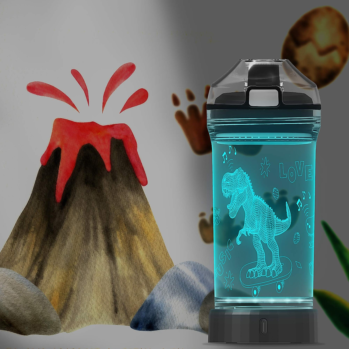 Lightzz Kids Watter Bottle，3D Dinosaur Cup with LED Illusion Light with 7 Color Changing Light - 14 0z BPA Free - Creative Travel Cup Dinosaur Gift for School Kid Boy Holiday