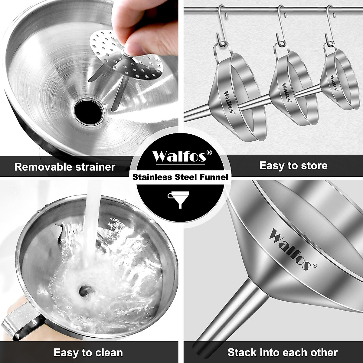 Stainless Steel Funnel, Walfos 3 Pack Kitchen Funnel with 2 Removable Strainer ＆ 1Pcs Cleaning Brush, Perfect for Transferring of Liquid, Oils, Jam, Dry Ingredients & Powder