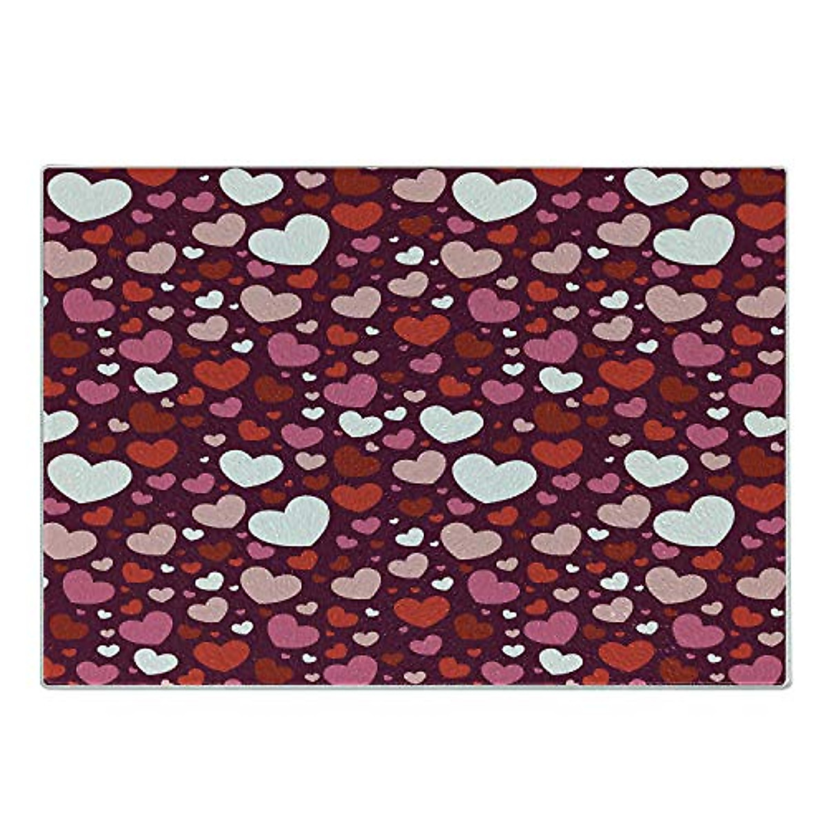 Lunarable Hearts Cutting Board, Ornate Vibrant Toned Hearts Pattern Love Themed Valentines Day Inspired Image, Decorative Tempered Glass Cutting and Serving Board, Large Size, Maroon Pink