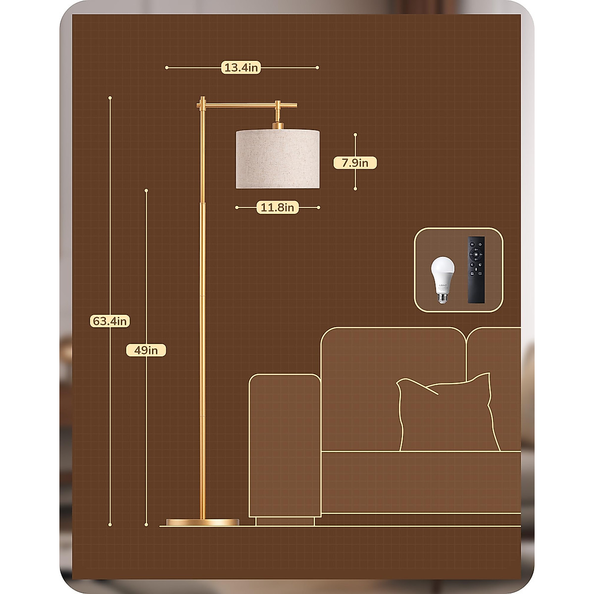 EDISHINE Dimmable Floor Lamp, Standing Lamp with Remote Control, E26 Socket, ACR Floor Lamp with Beige Shade for Bedroom, Living Room, Office, LED Bulb Included (Modern-Gold)