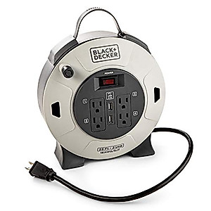 BLACK+DECKER 25 Ft. Retractable Extension Cord Reel With 4 Outlets, 2 USB Ports, Multi-Plug Extension, On/Off Switch & Heavy-Duty 16AWG SJT Cable