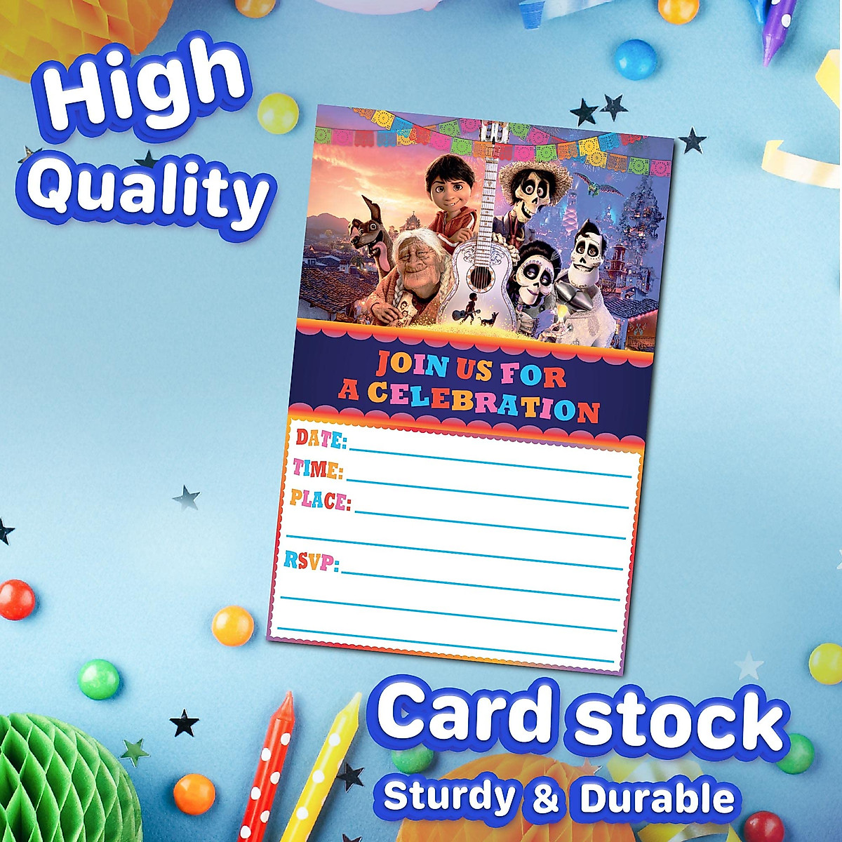 Set of 20 Coco -Themed Happy Birthday Invitation Cards & Envelopes - Lightweight (240g), Postcard Style Invites for the Perfect Party Pack