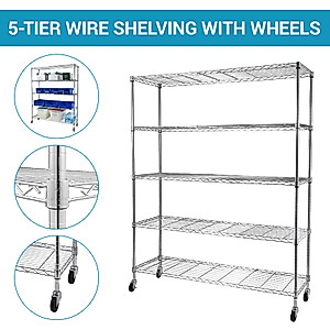 Metal Shelf 5 Tiers Storage Shelves Wire Shelving Unit with Wheels Adjustable Heavy Duty Storage Rack for Closet Home Office Restaurant Pantry Kitchen Bathroom Garage Warehouse 59" L x 18" W x 71" H