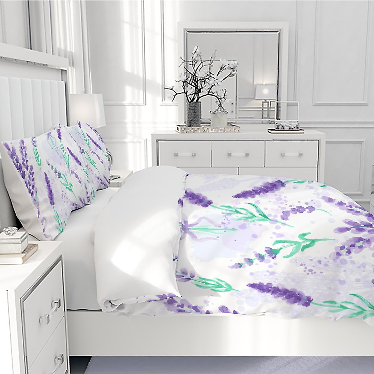 Vantaso Bedding Duvet Cover Set Twin Size Lavender Floral Flowers Purple Leaves 2 Piece Set 1 Quilt Cover and 1 Pillow Case Sham for Kid Boy Girl Women Men