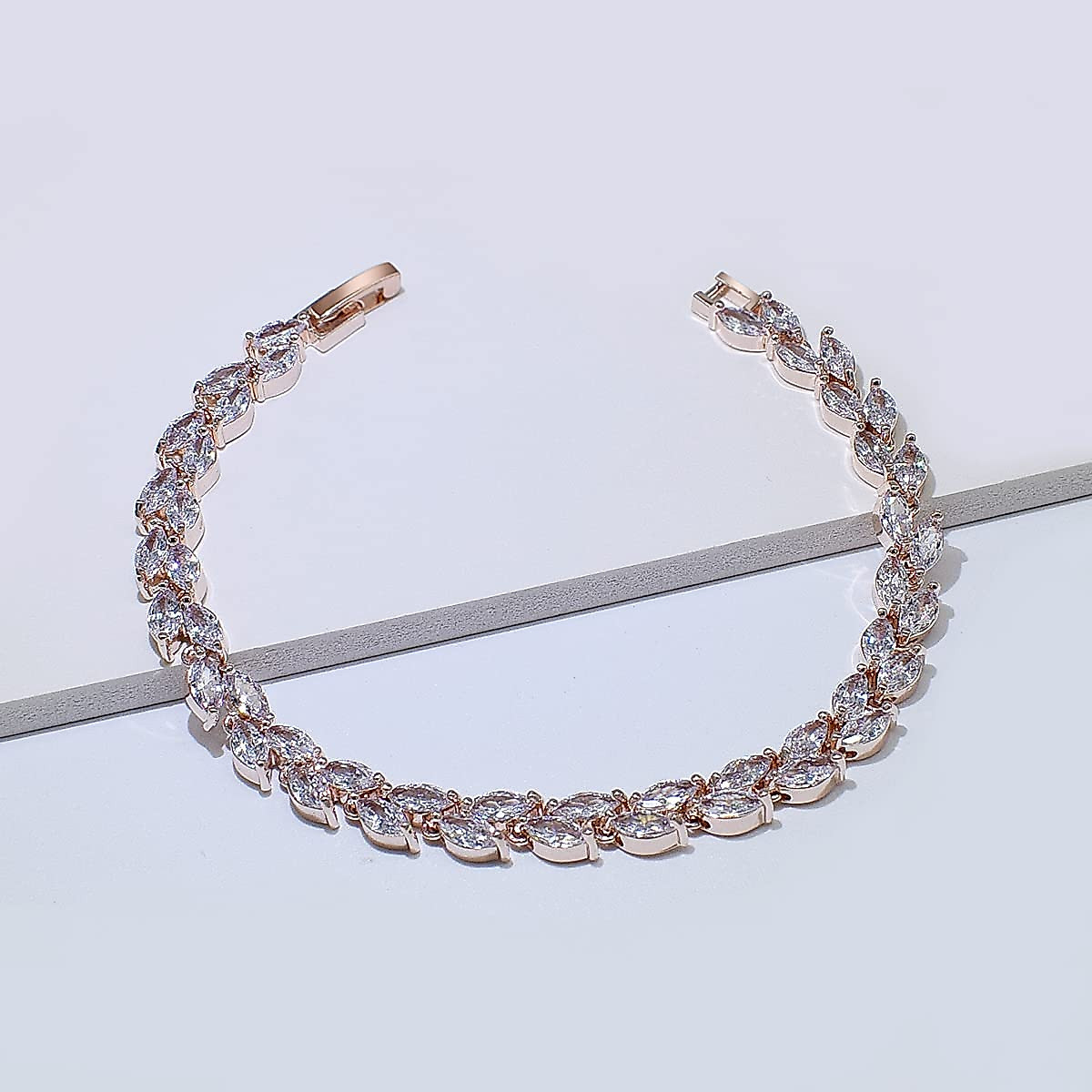 UDYLGOON Elegant Marquise Cubic Zirconia Wedding Earrings Bracelet Jewelry Set for Bridesmaid Wedding Prom Homecoming (Rose Gold)